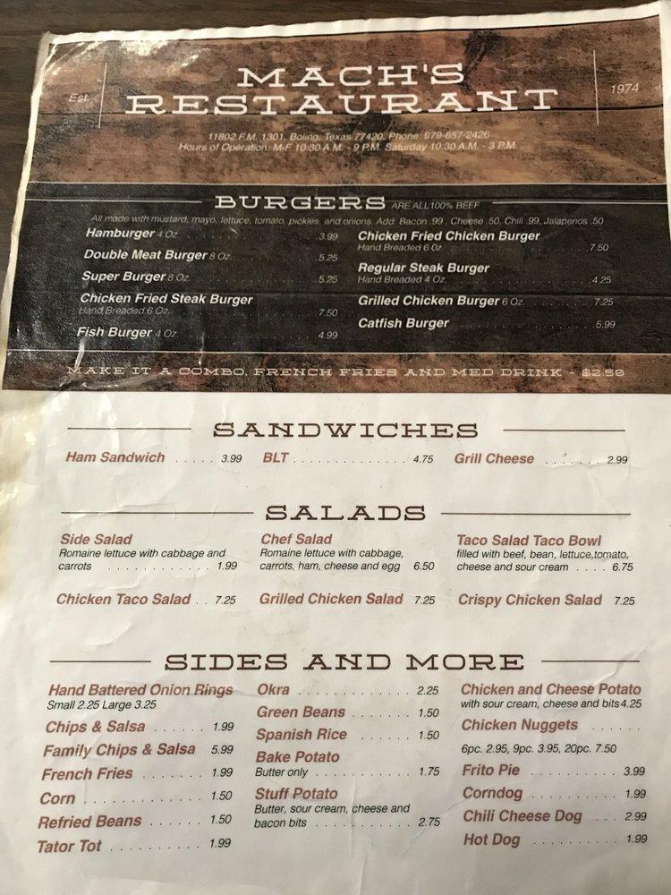 Menu at Mach's Restaurant, Boling-Iago