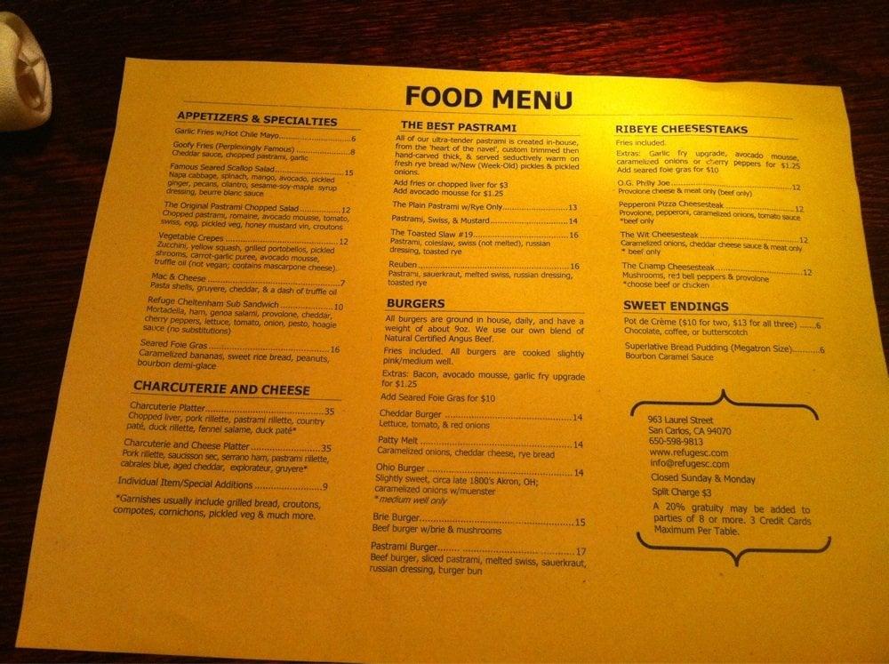 Menu at The Refuge (San Carlos) pub & bar, San Carlos
