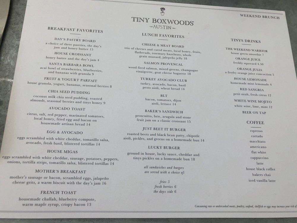 Menu at Tiny Boxwoods Austin restaurant, Austin