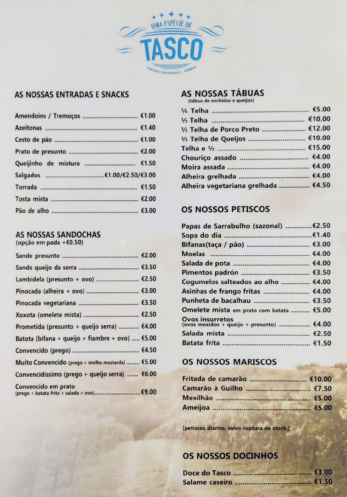 Menu em Uma Espécie de Tasco restaurante, Espinho