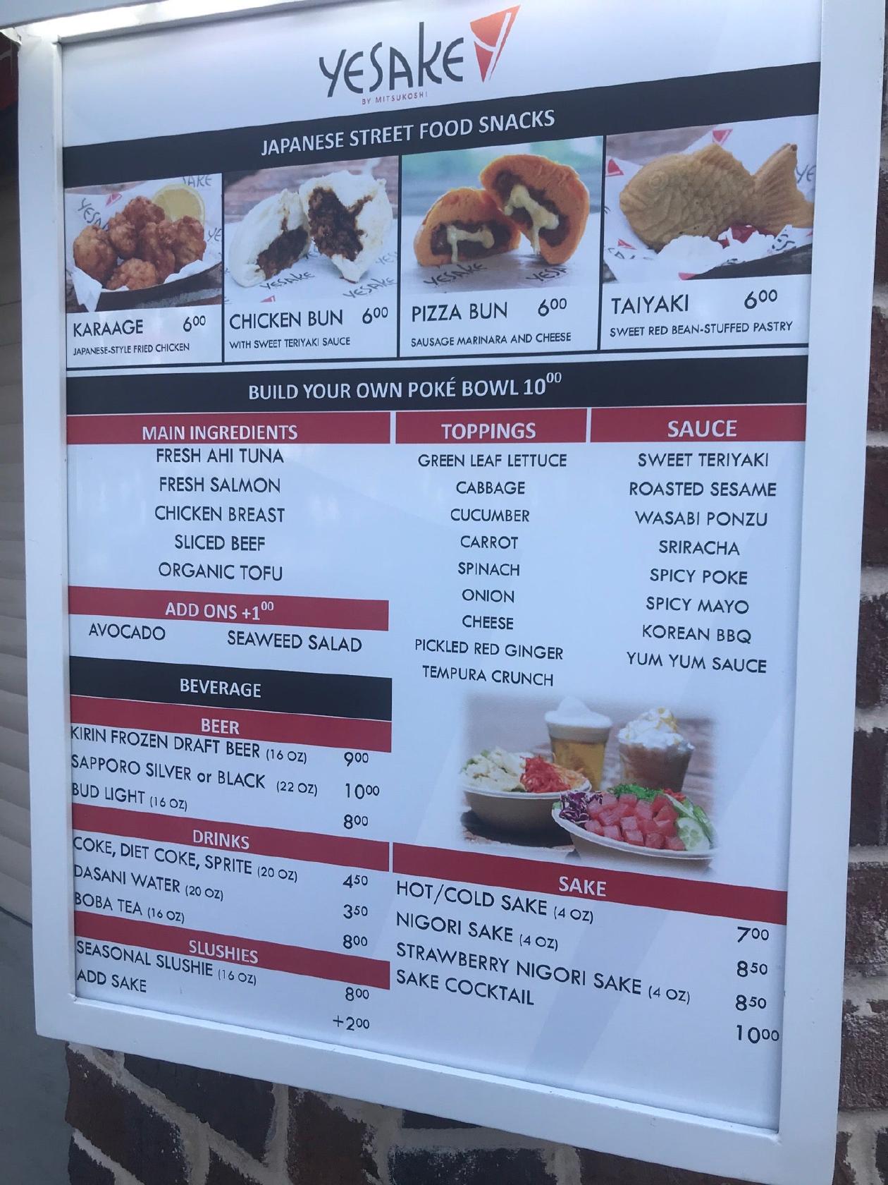 Menu at Yesake restaurant, Lake Buena Vista