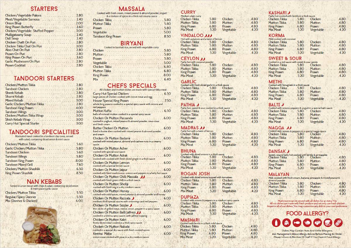 Menu at Curry Hut fast food, Gateshead