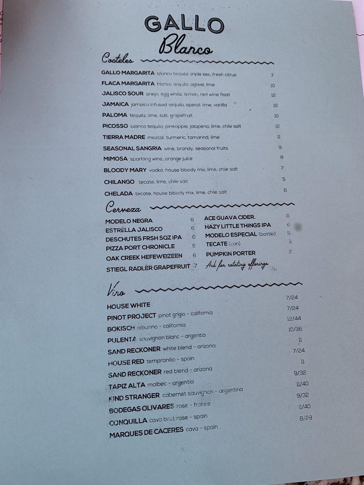 Menu at Gallo Blanco restaurant, Phoenix, 928 E Pierce St