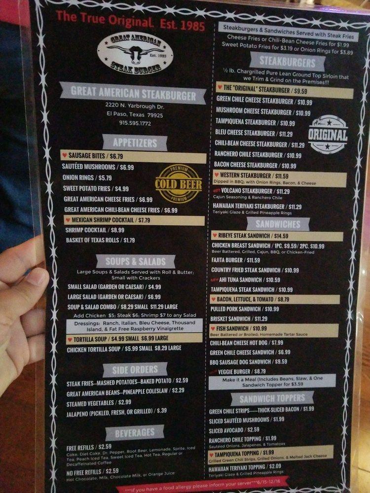 Menu at Great American Steakburger BBQ, El Paso, N Yarbrough Dr