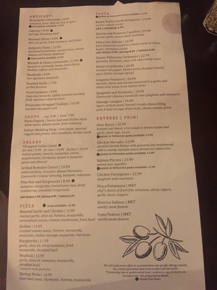 Menu at Limoncello restaurant, Greenville
