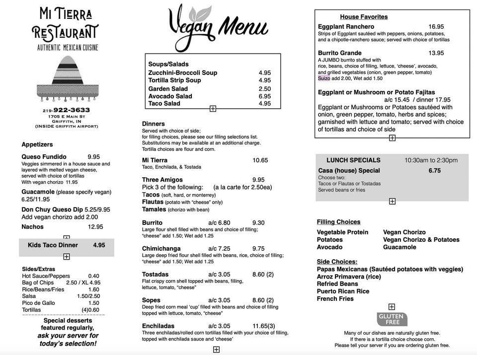 Menu at Mi Tierra restaurant, Griffith