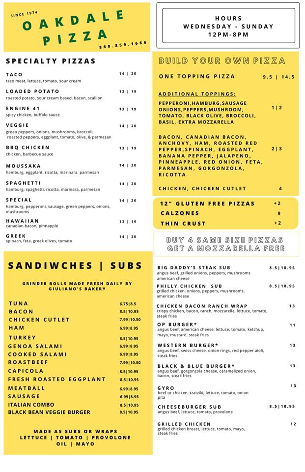 Menu at Oakdale Pizza pizzeria, Montville, Old Colchester Rd