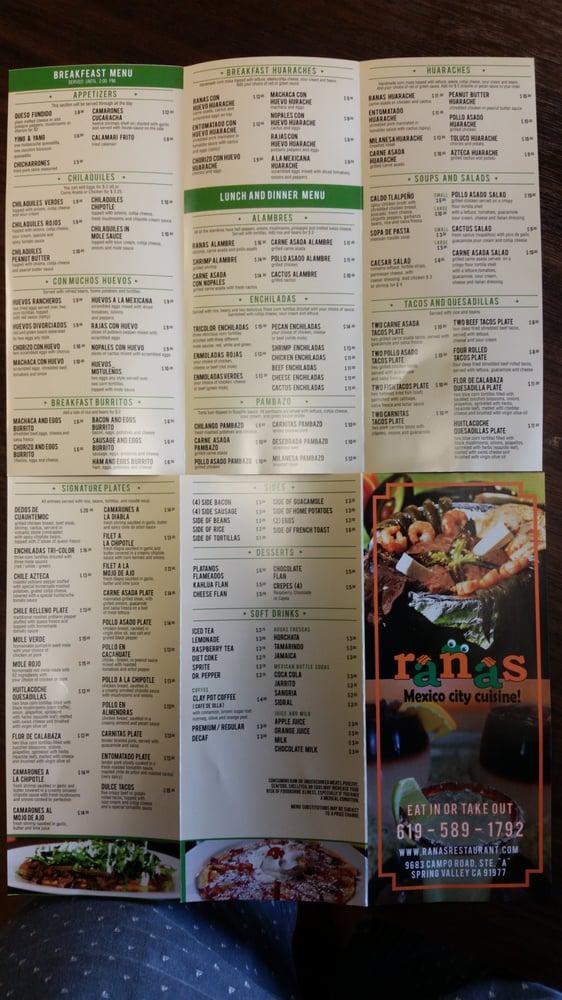Menu at Ranas restaurant, Spring Valley