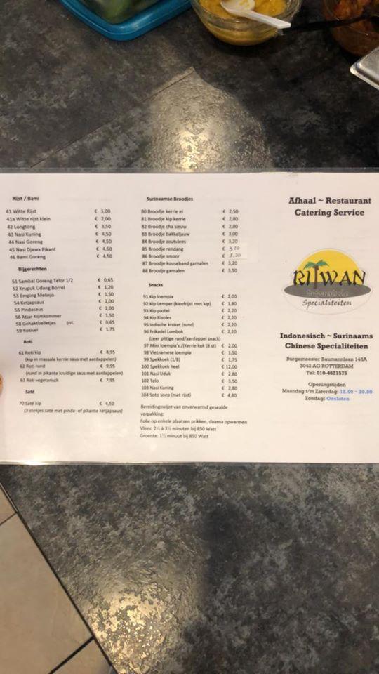Menu at Ritwan, Rotterdam
