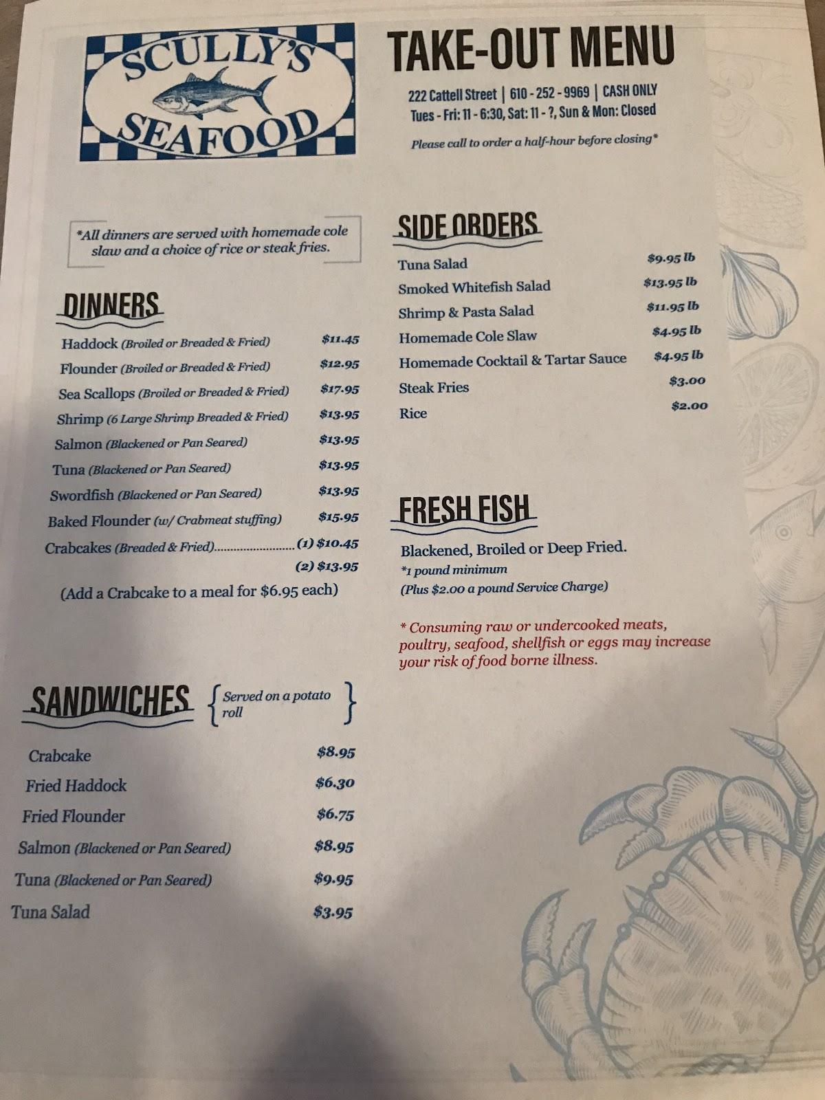 Menu at Scully's Seafood restaurant, Easton