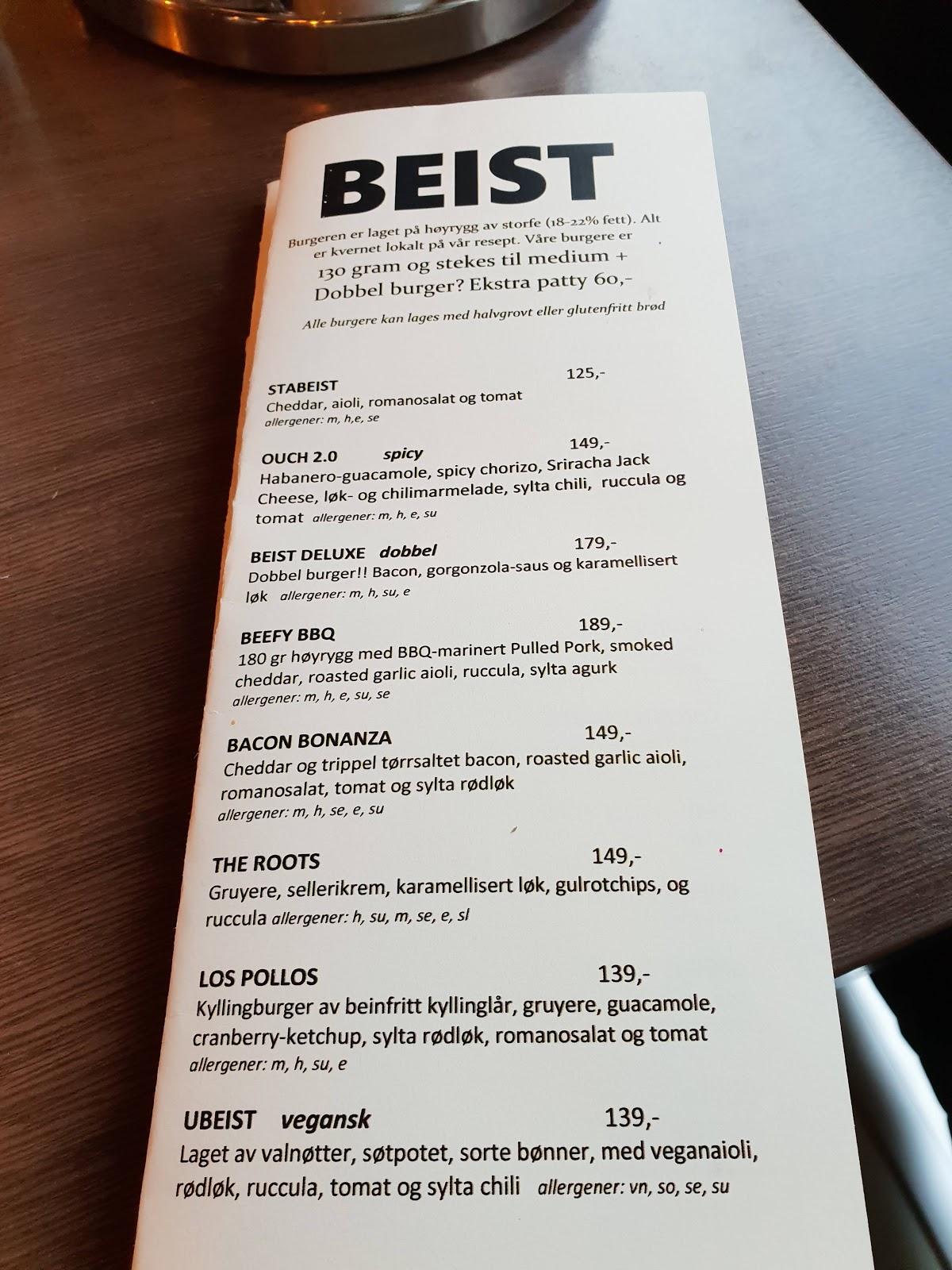 Menu at Beist Burger & Bar, Sandefjord