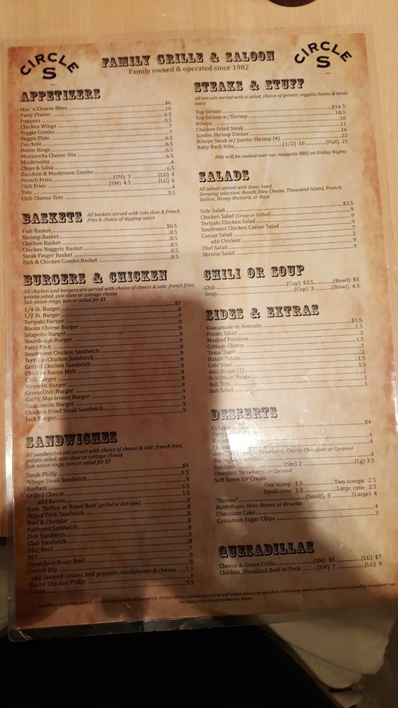 Menu at Circle S Saloon pub & bar, Marana, W El Tiro Rd