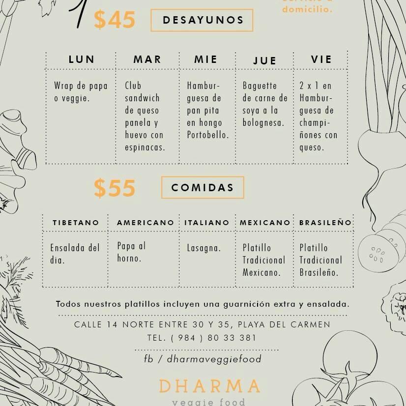 Menu at Dharma restaurant, Playa del Carmen