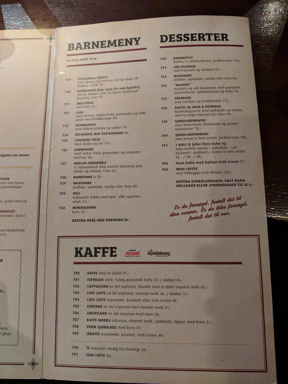 Menu at Egon restaurant, Lillehammer, Elvegata 12