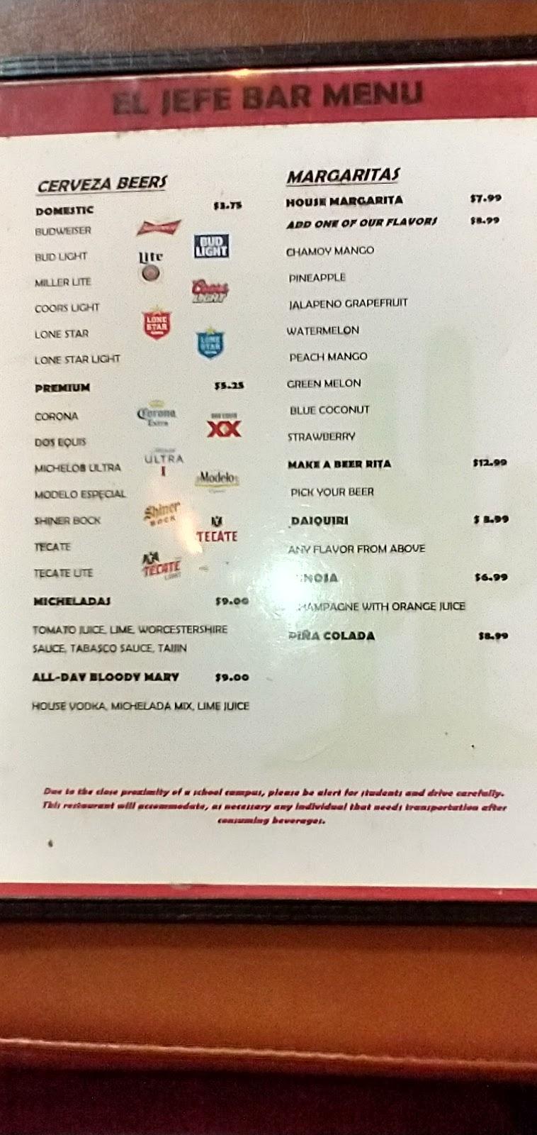 Menu at El Jefe restaurant, San Marcos, Hunter Rd #1104
