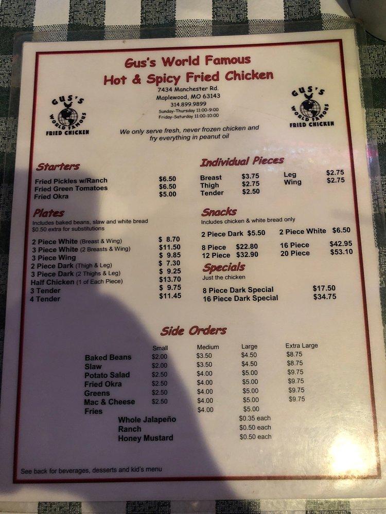 Menu at Gus’s World Famous Fried Chicken restaurant, Maplewood