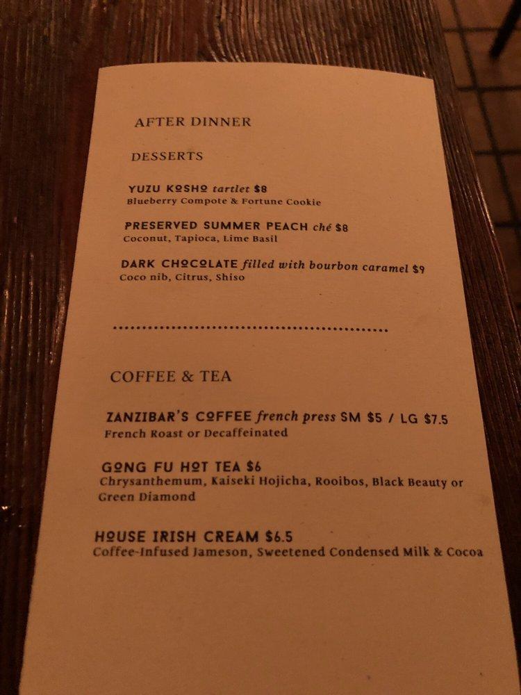 Menu at Harbinger restaurant, Des Moines