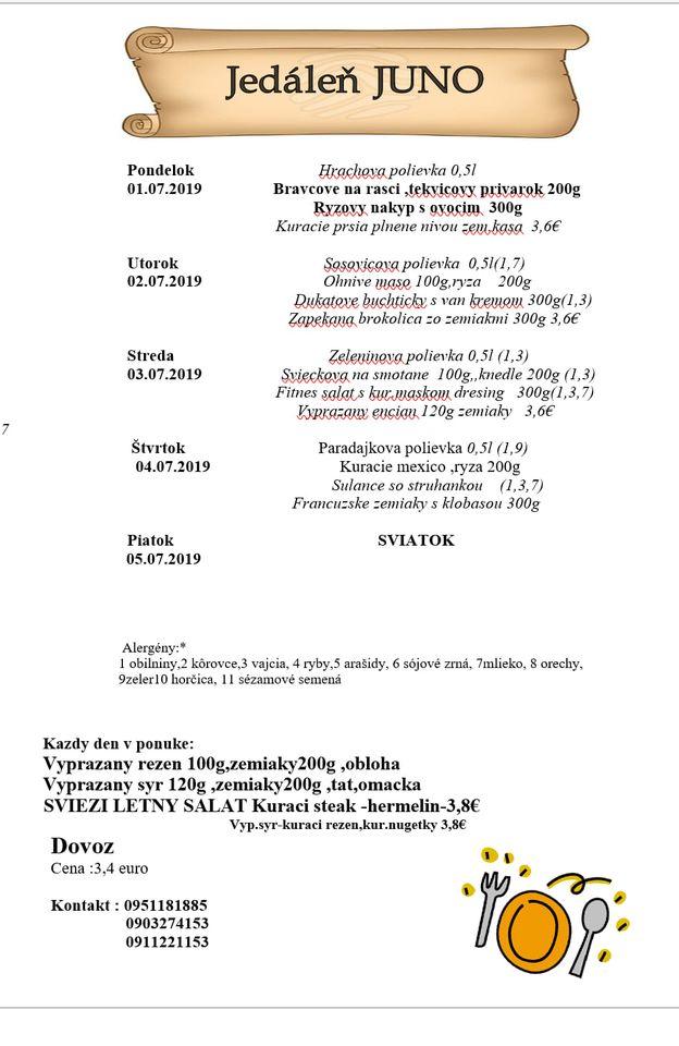 Menu at Jedalen juno restaurant, Rimavská Sobota