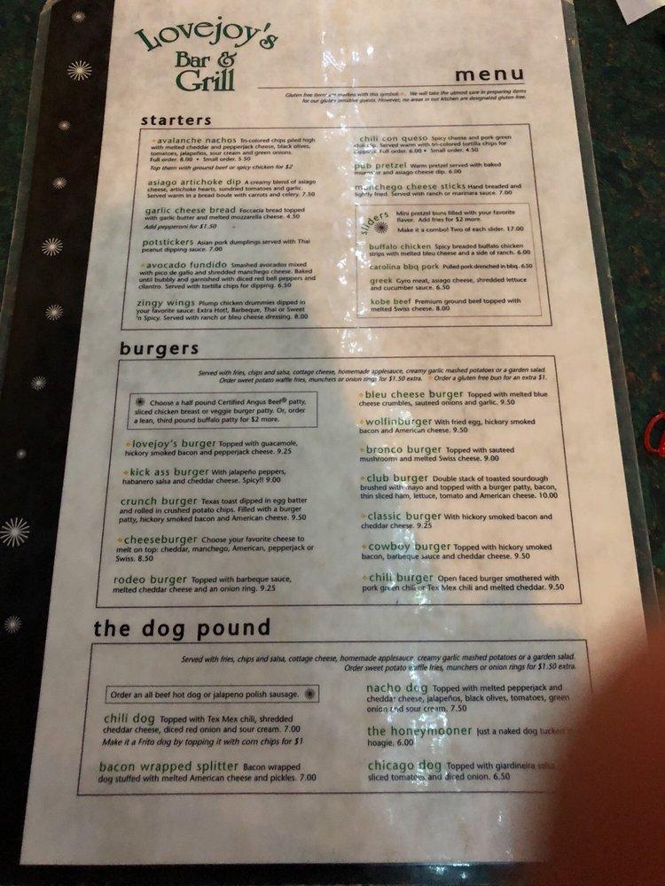 Menu at Lovejoy's Bar & Grill, Laramie