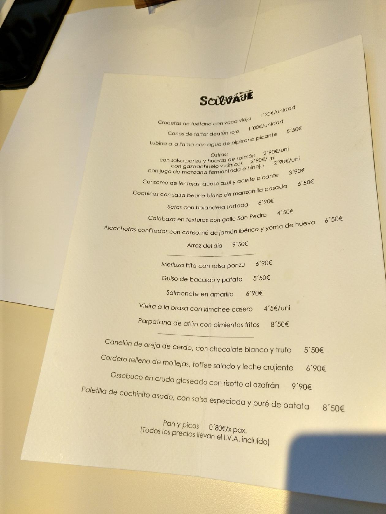 Carta del restaurante Salvaje, Sevilla