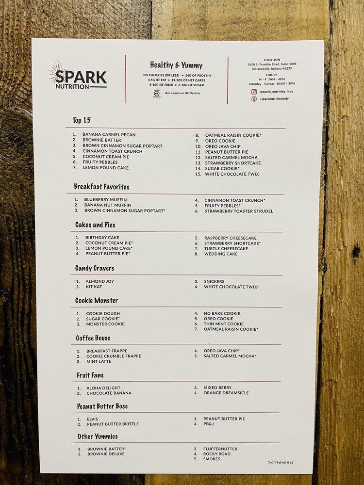 Menu at Spark Nutrition pub & bar, Indianapolis