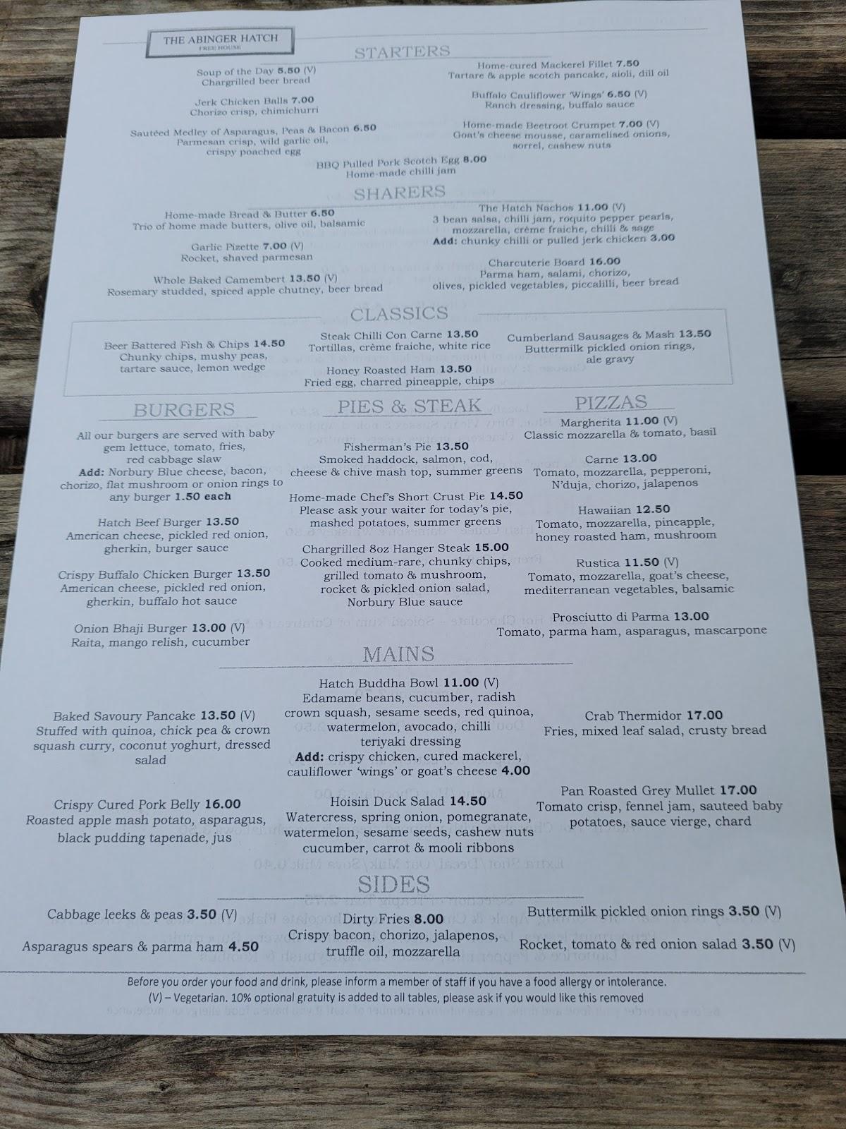Carta del pub y bar The Abinger Hatch, Wotton