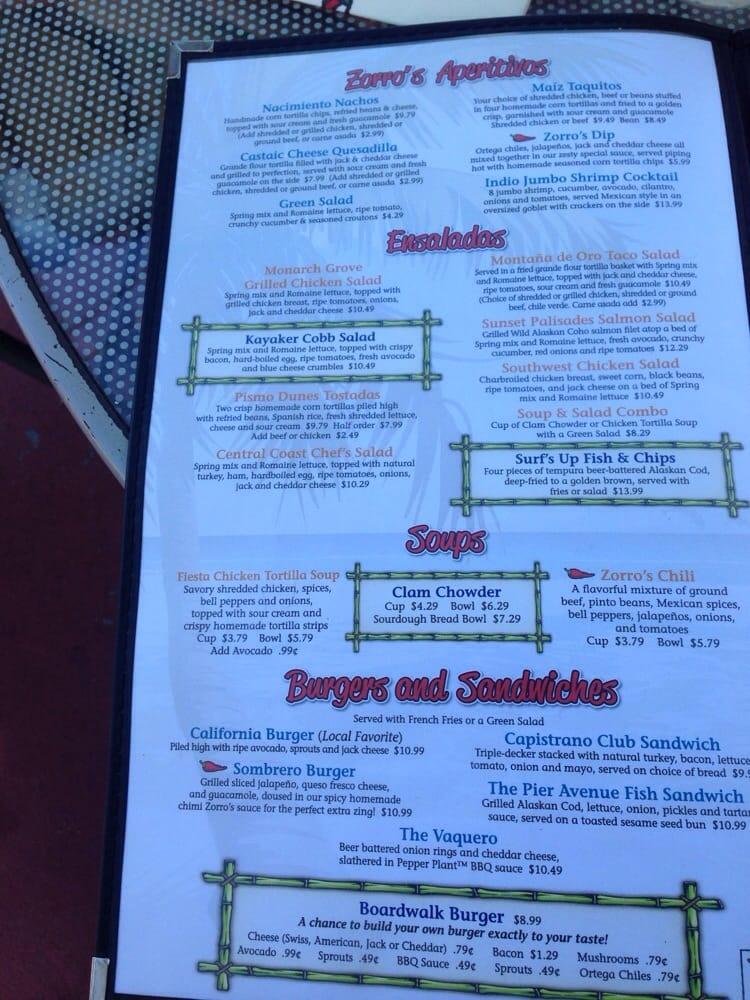 Menu at Zorro's Cafe & Cantina, Pismo Beach