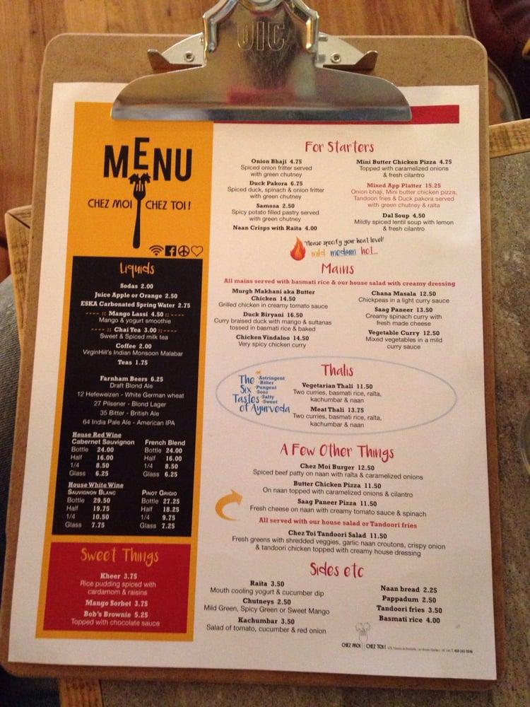 Menu au Chez Moi Chez Toi restaurant, Knowlton