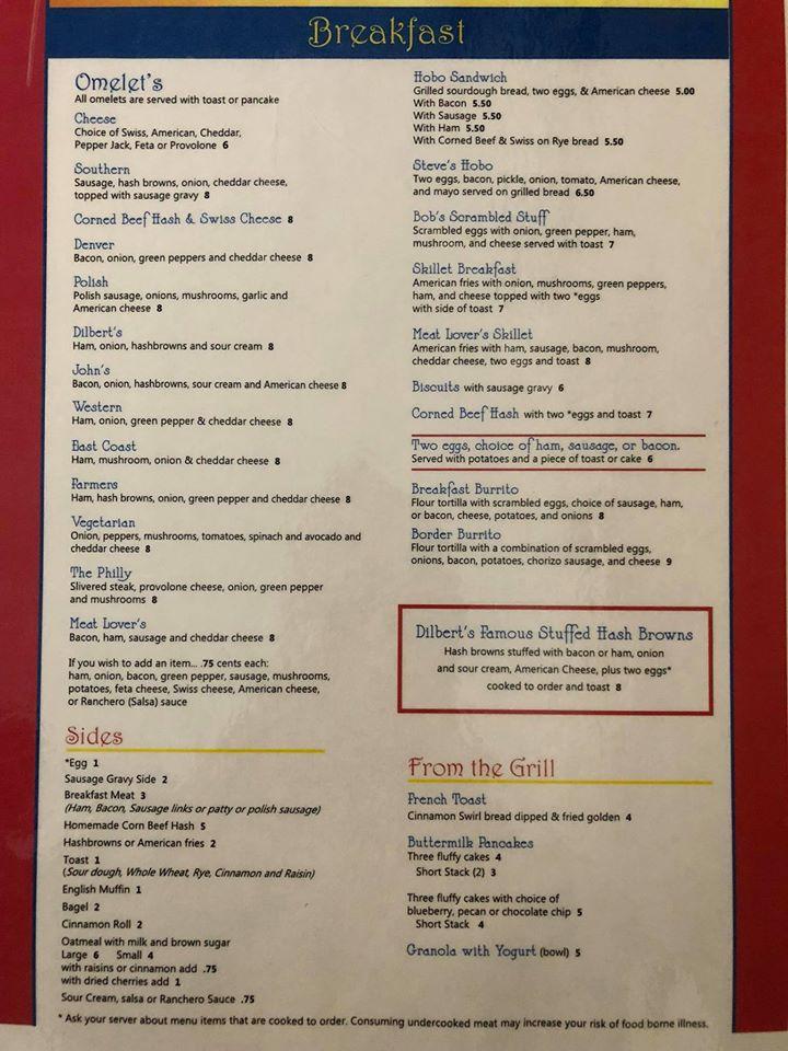 Menu at Dilbert's restaurant, Interlochen