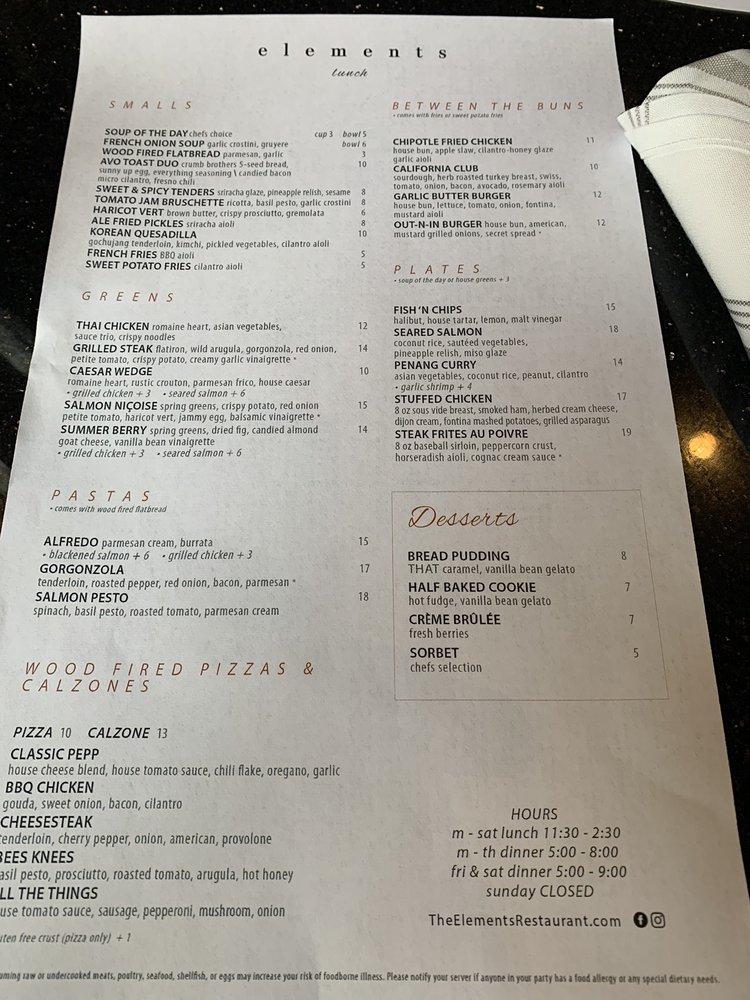 Menu at Elements Restaurant, Logan