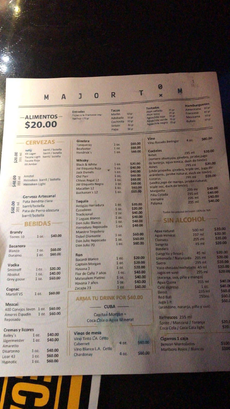 Menu at Major Tom San Pedro pub & bar, Monterrey, Río Orinoco 175