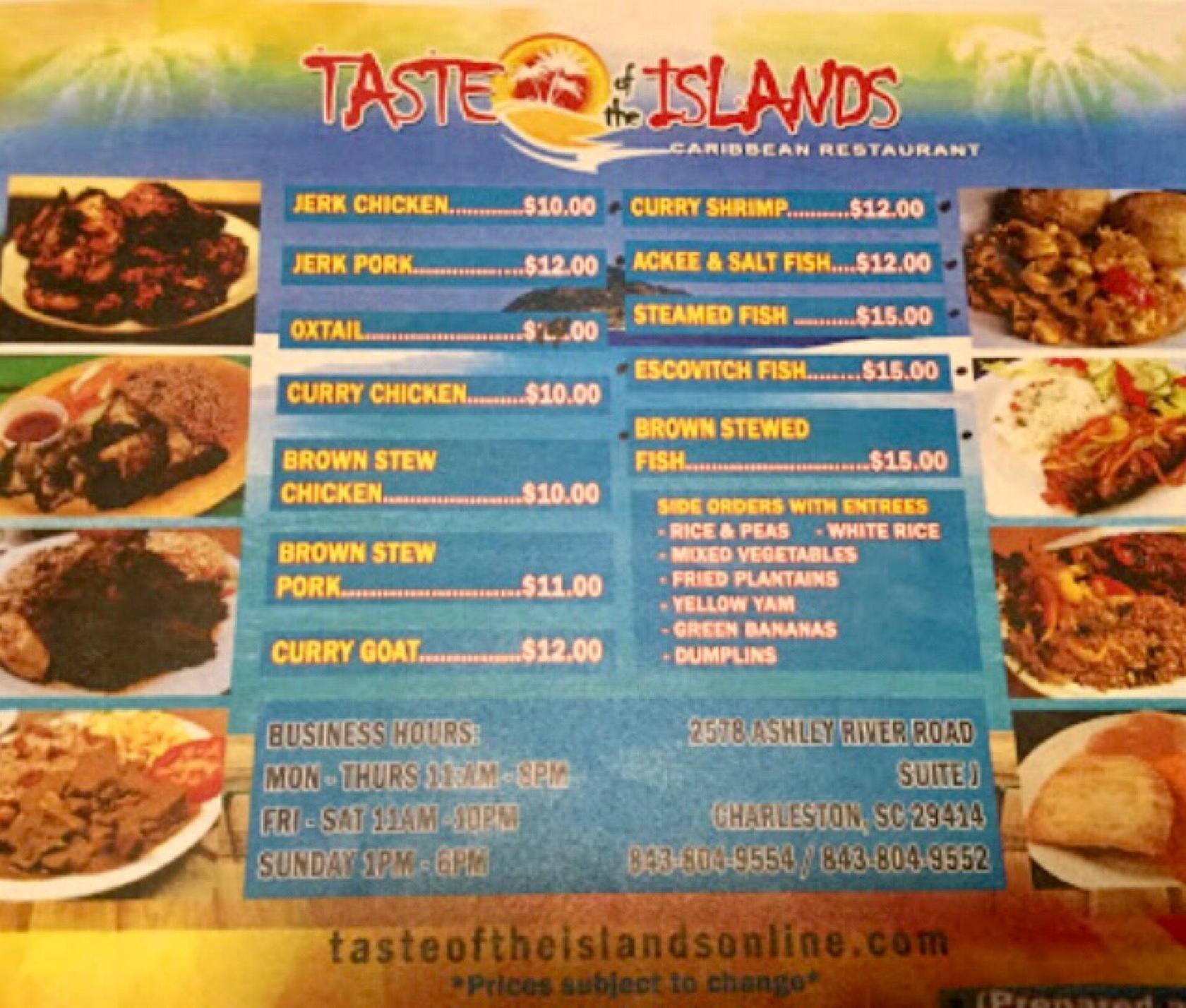 Menu at Taste of the Islands restaurant, Charleston, Ashley River Rd j