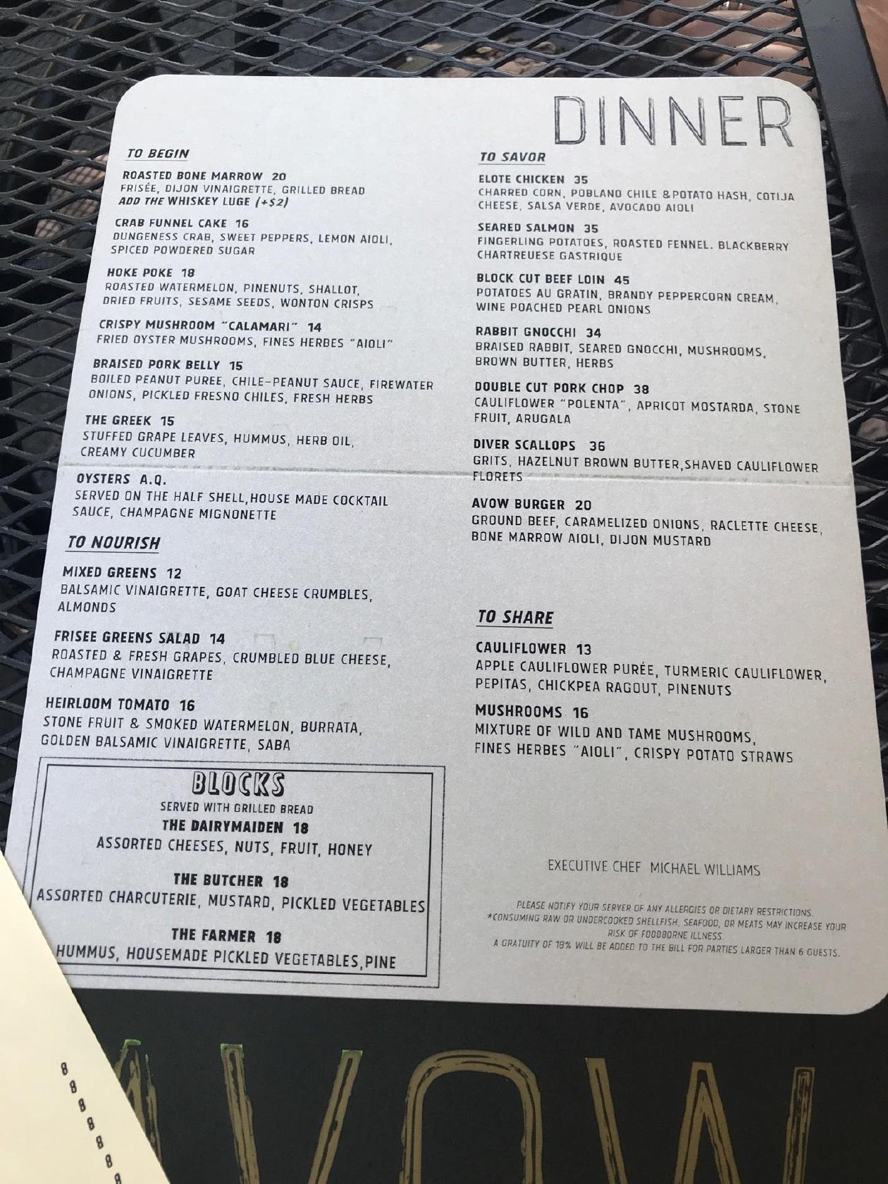 Menu at AVOW pub & bar, Napa