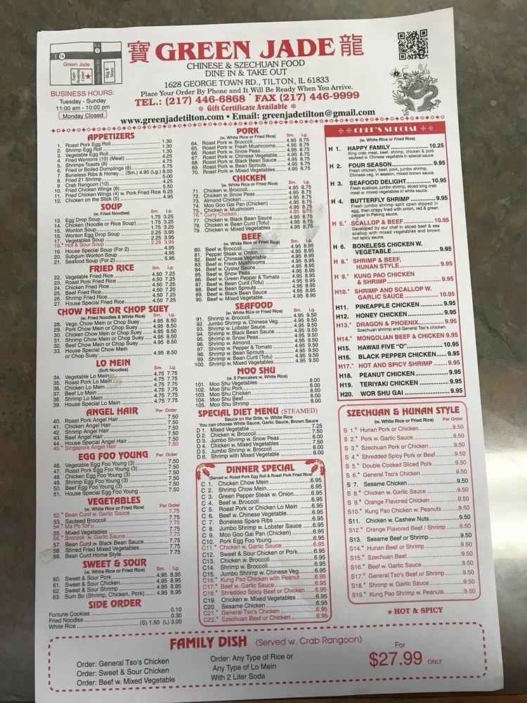 Menu at Green Jade Chinese restaurant, Tilton