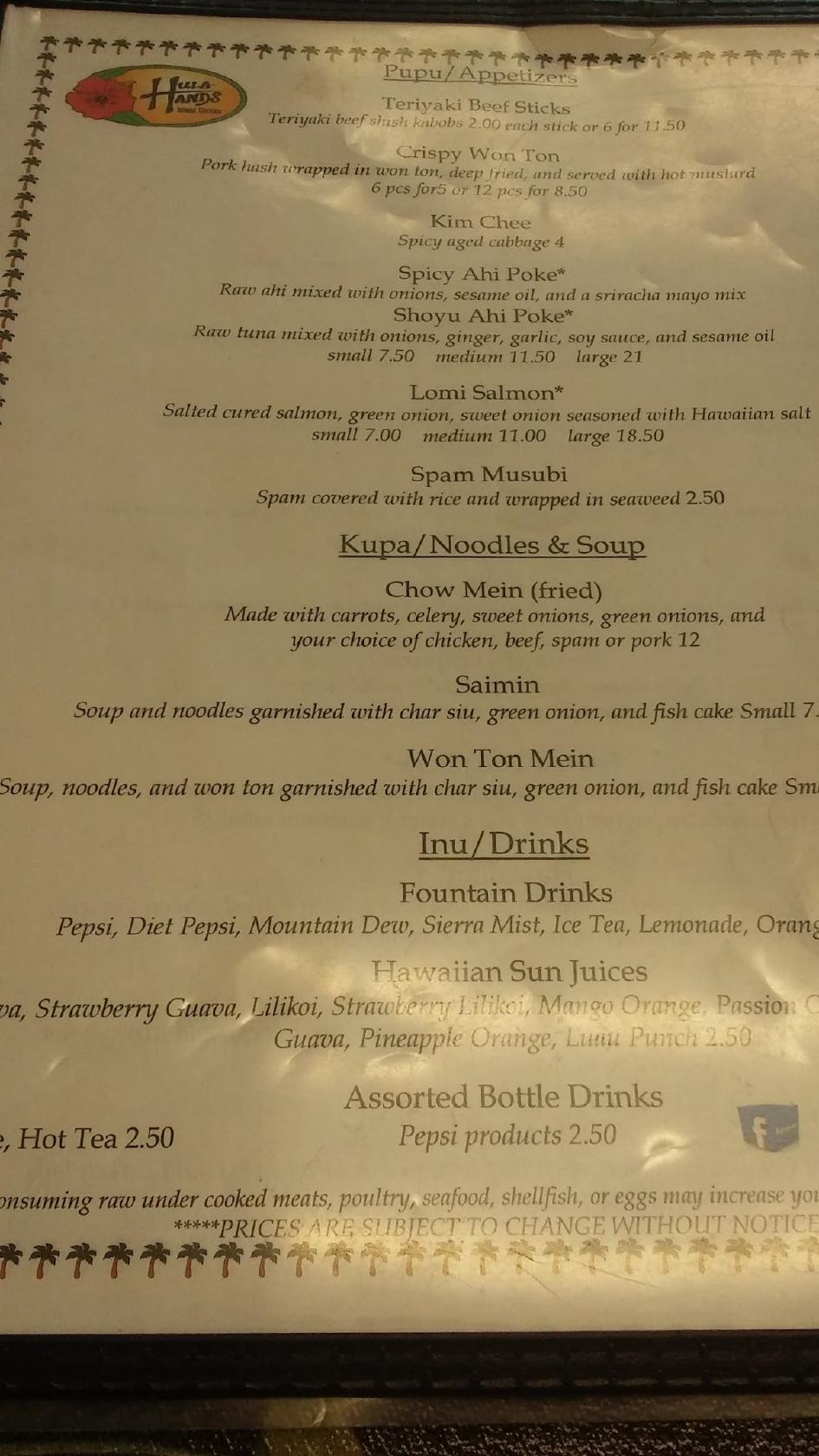 Menu at Hula Hands Restaurant, Anchorage, Mountain View Dr