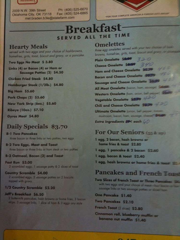 Menu at Jeff's Country Cafe, Oklahoma City