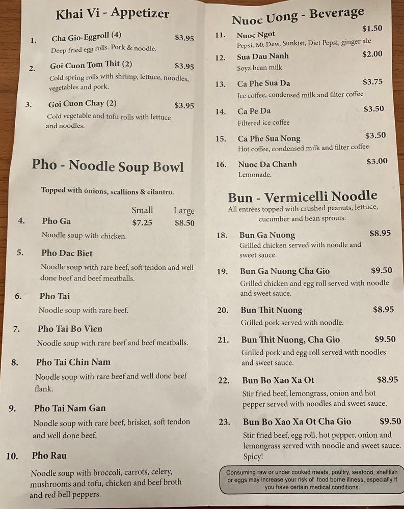 Menu at Pho Dang Vietnamese Cafe, Winooski