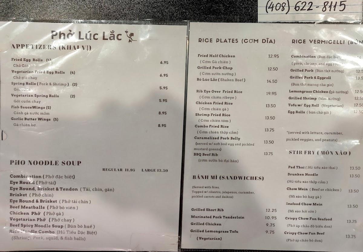 Menu at Pho Luc Lac restaurant, San Jose