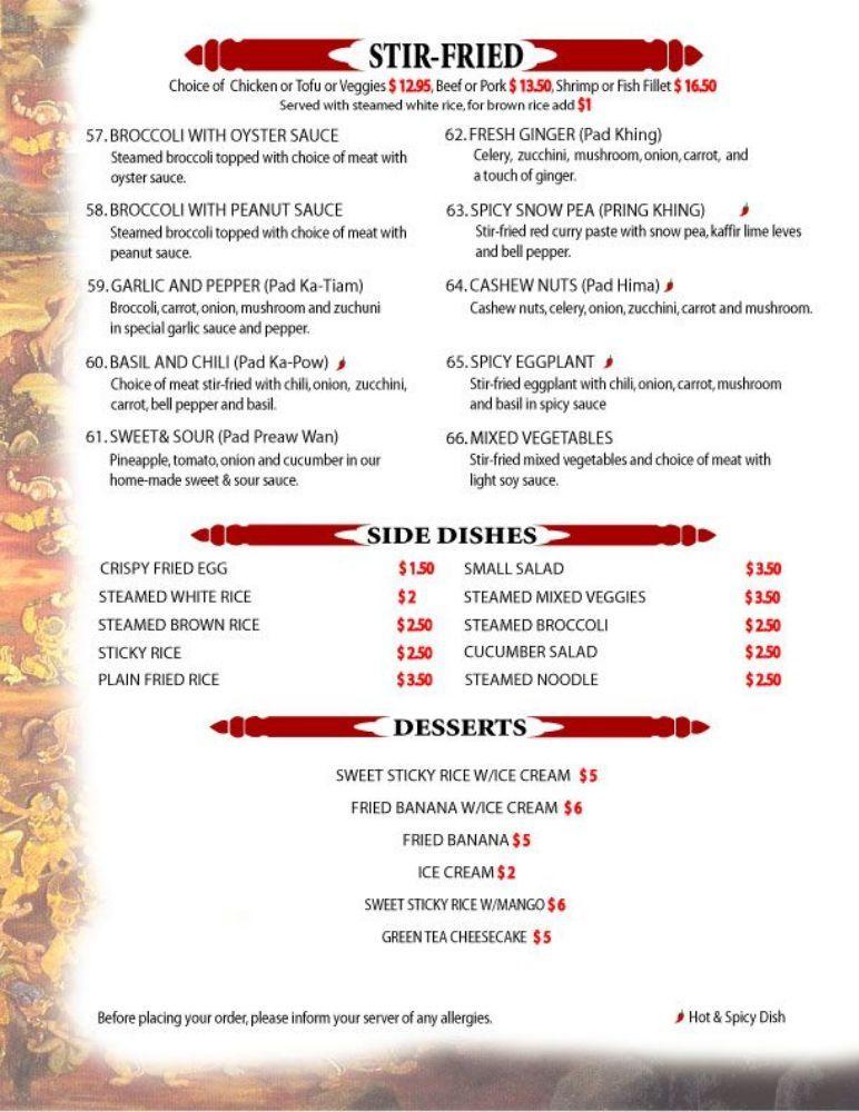 Menu at Thai Basil restaurant, Black Mountain
