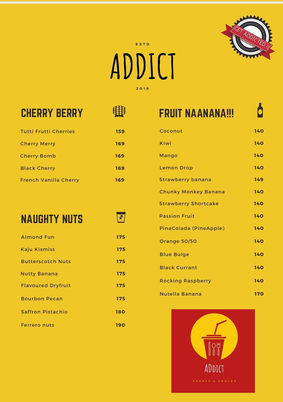 Menu at Addict, Hyderabad