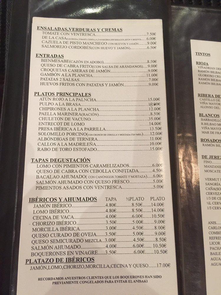 Menu at Alhambra restaurant, Madrid, C. de la Victoria