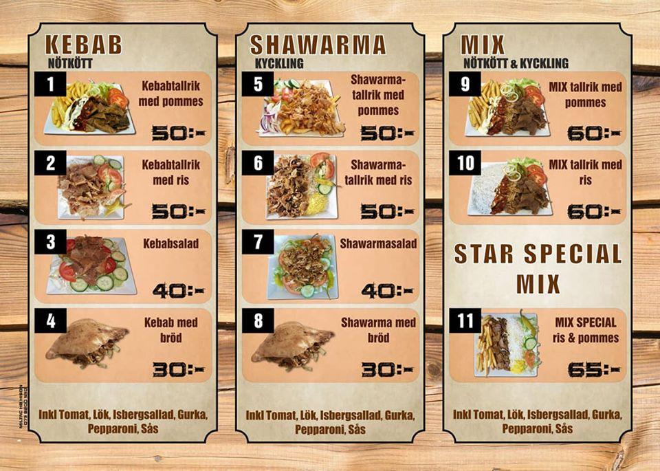 Menu at Café Star restaurant, Eskilstuna