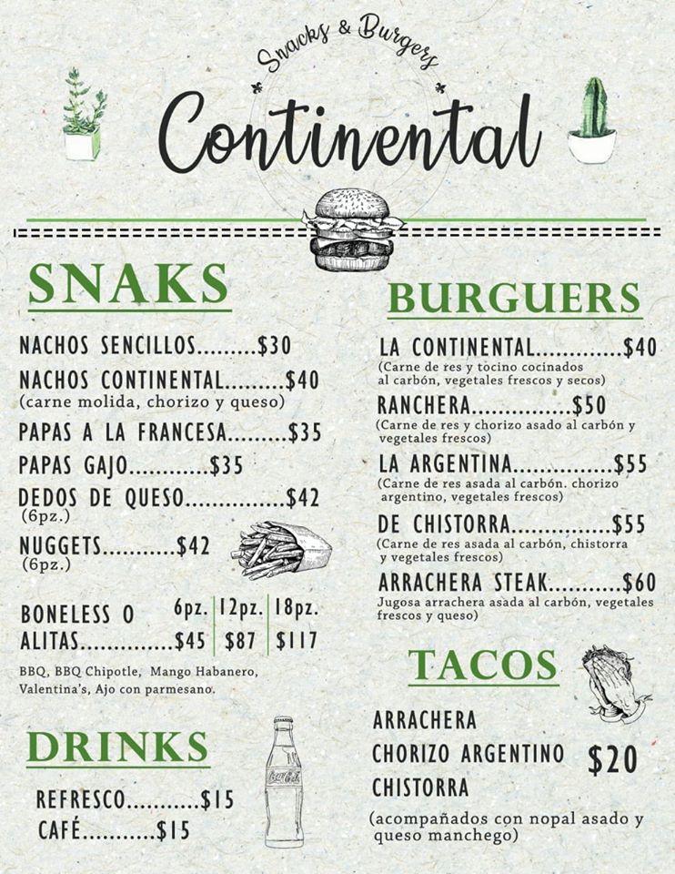 Menu at Continental restaurant, Apan