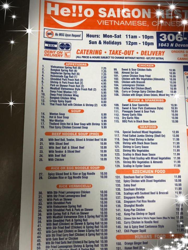 Menu at Hello Saigon Restaurant Ltd, Regina