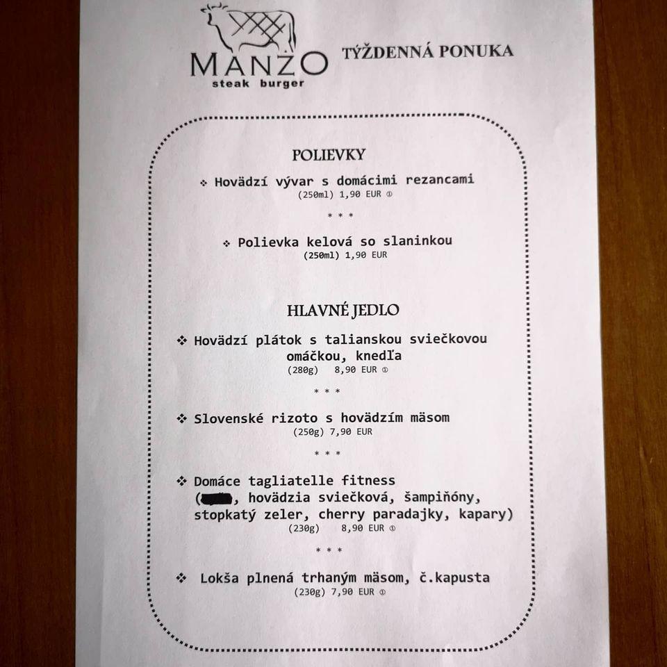 Menu at Manzo Steak & Burger pub & bar, Žilina
