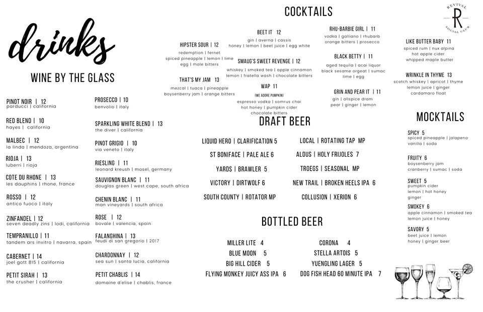 Menu at Revival Social Club, York, 19 N George St