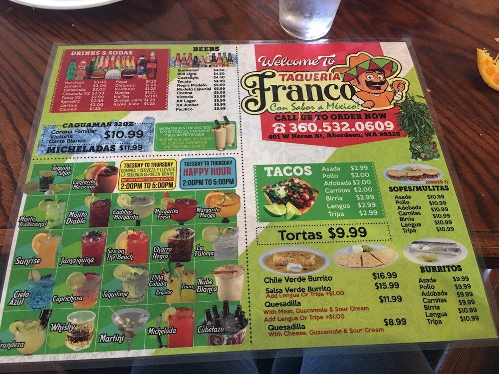 Menu at Taqueria Franco restaurant, Aberdeen, 401 W Heron St