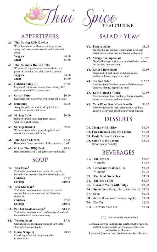 Menu at Thai Spice restaurant, Bel Air