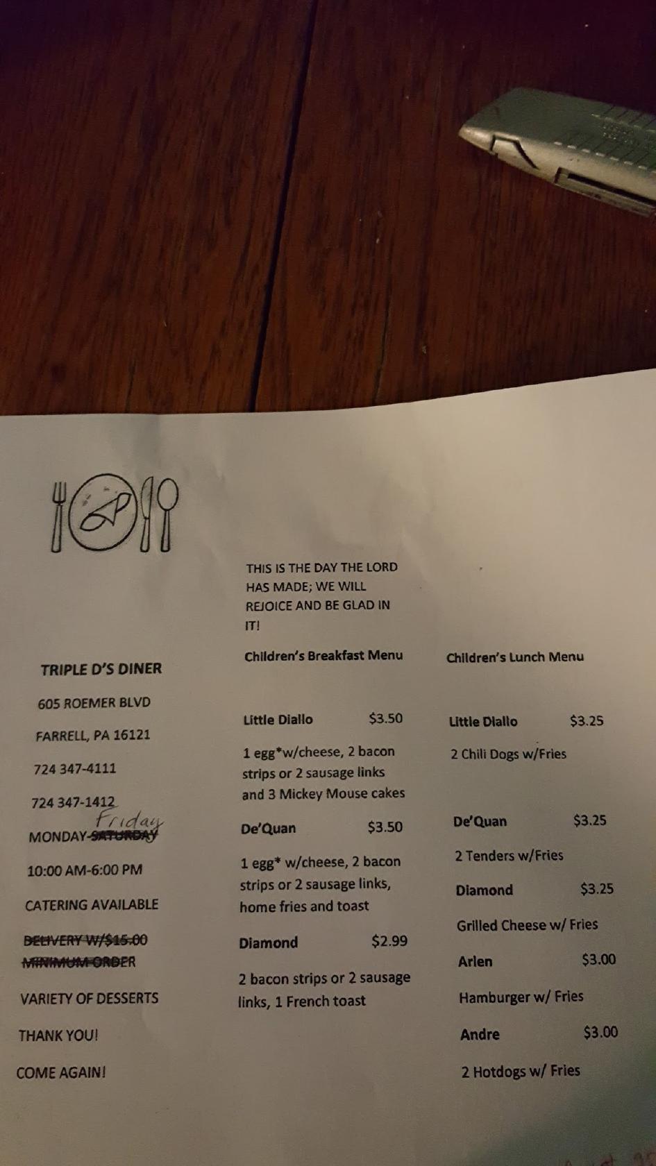 Menu at Triple D's Diner restaurant, Farrell