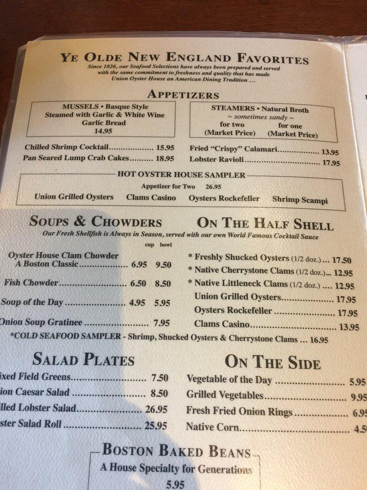 Menu at Union Oyster House restaurant, Boston